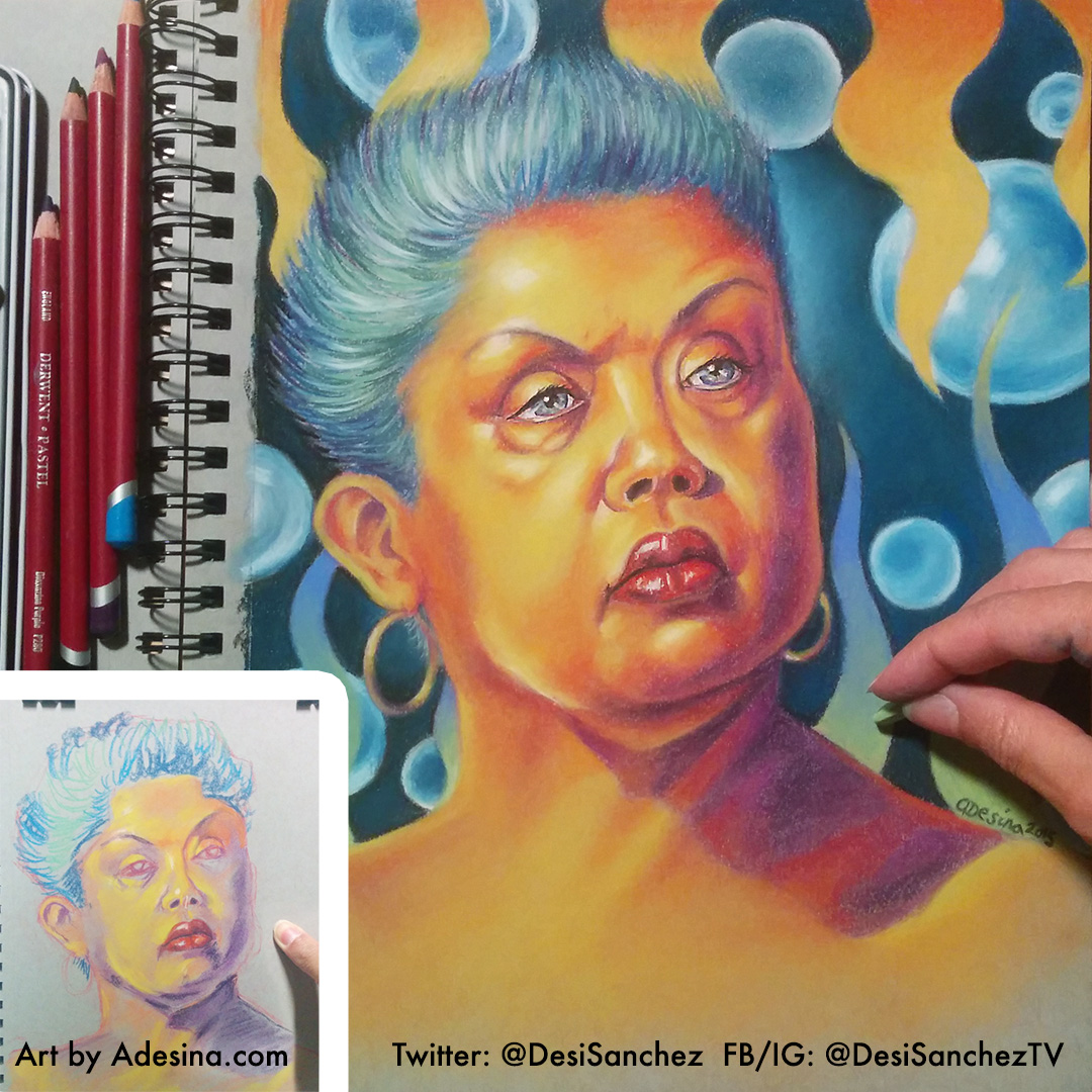 Artist Adesina Sanchez draws pastel portrait "Queen of the Sea"